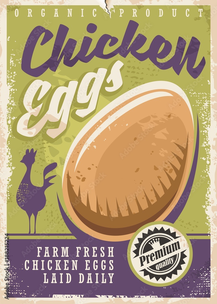 Farm fresh chicken eggs poster with chicken silhouette and organic egg ...
