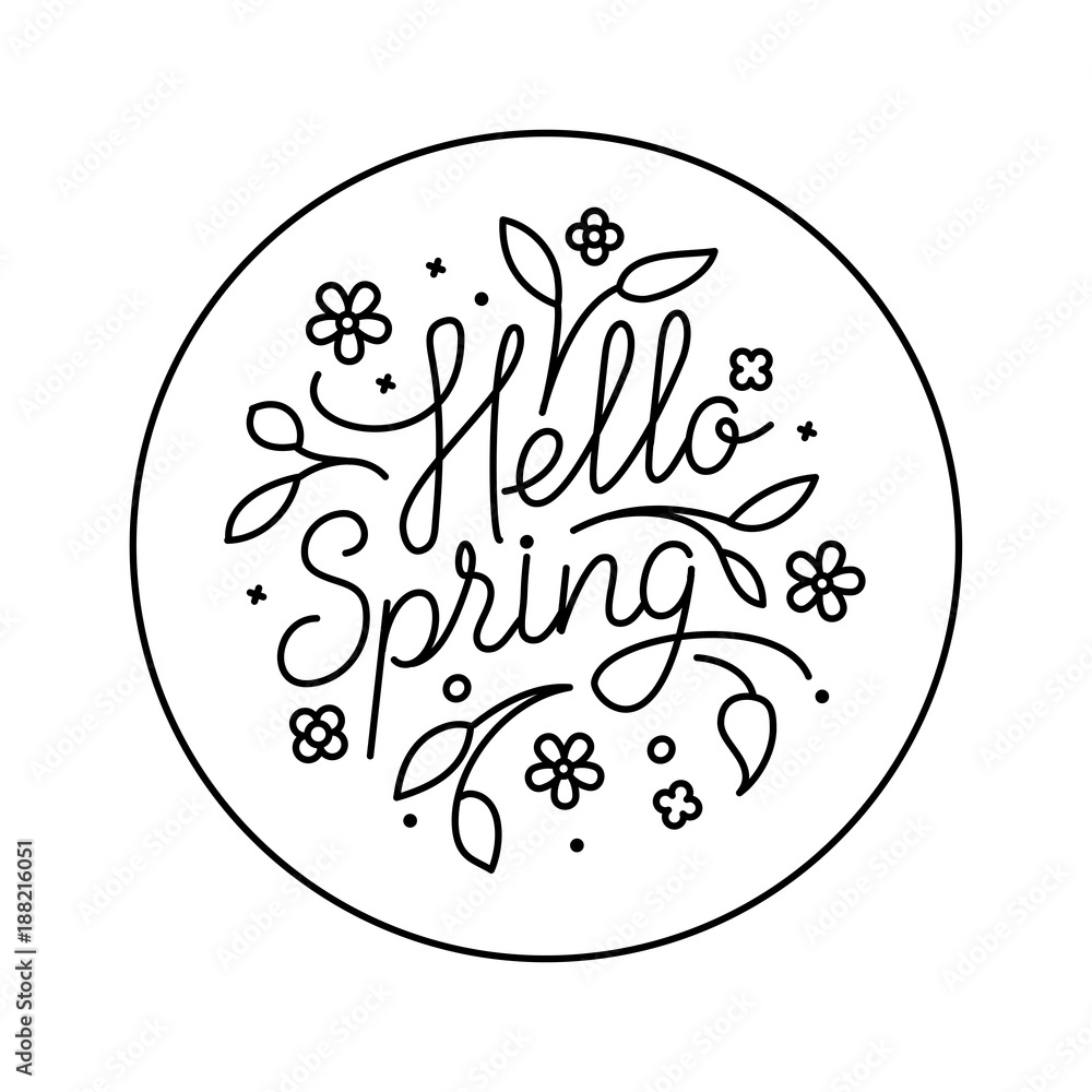 Hello spring logo in flat style with flowers, leaves and geometric ...