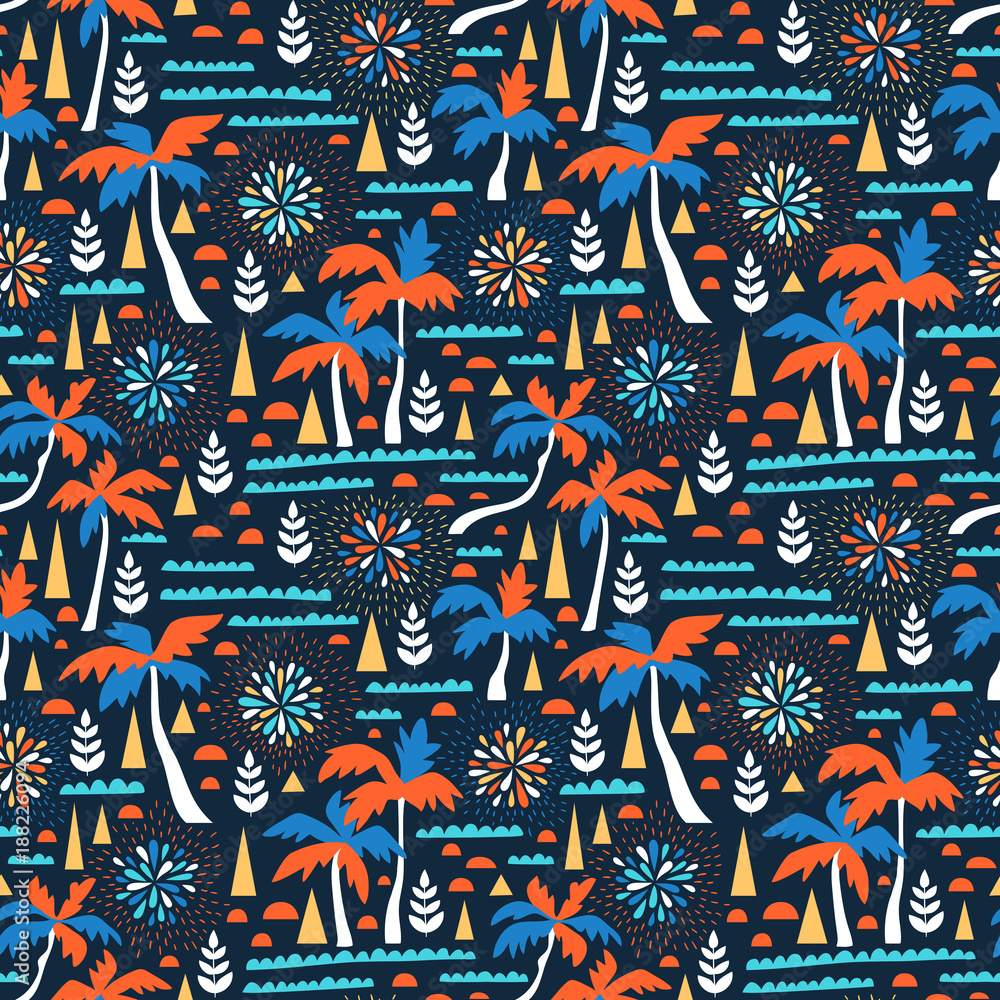 Seamless beach vector pattern with fireworks, palms and waves. Vector hawaiian background ...