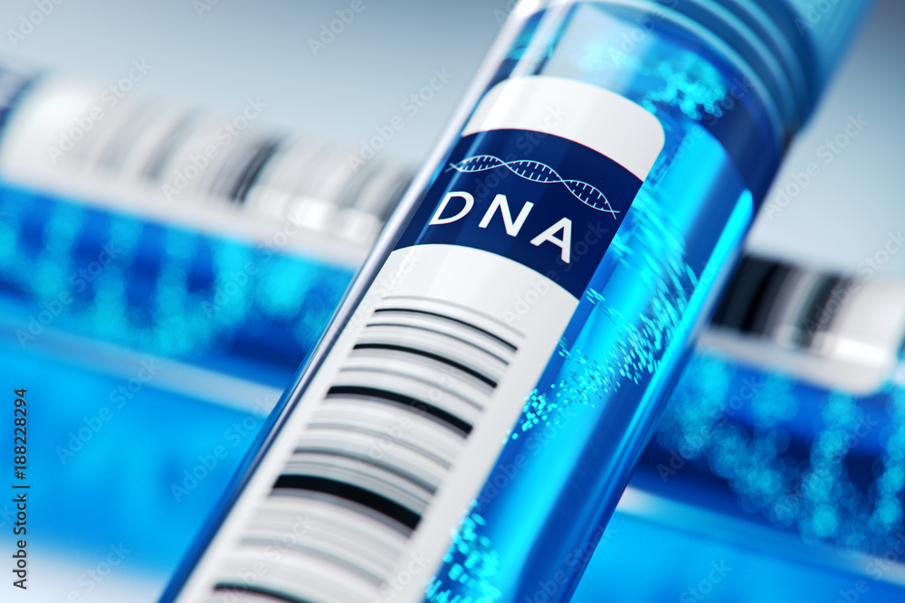 Molecule of DNA forming inside the test tube equipment.3d rendering ...