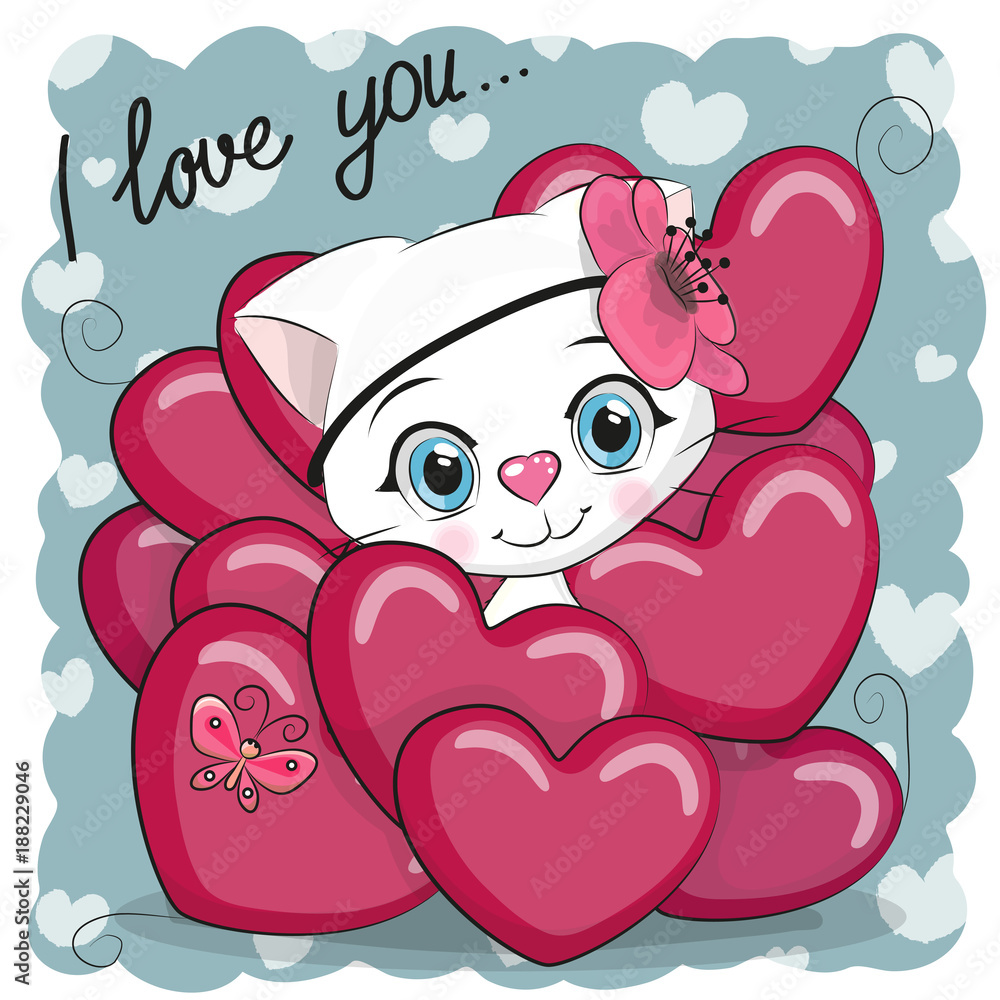 Cute Cartoon Kitten in hearts Stock Vector | Adobe Stock
