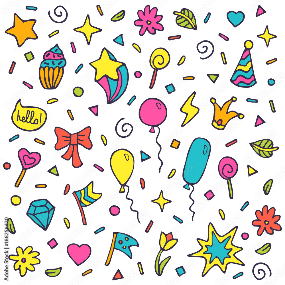 Vector set of Birthday party with celebration elements. Hand drawn ...