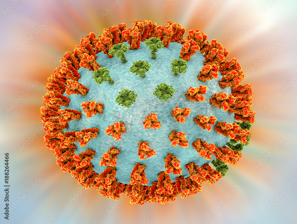 Influenza virus H3M2 strain. 3D illustration showing surface ...