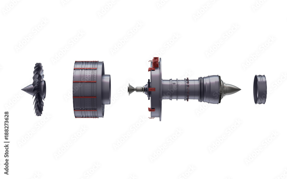 Jet engine illustration in parts,3d illustration on white background ...