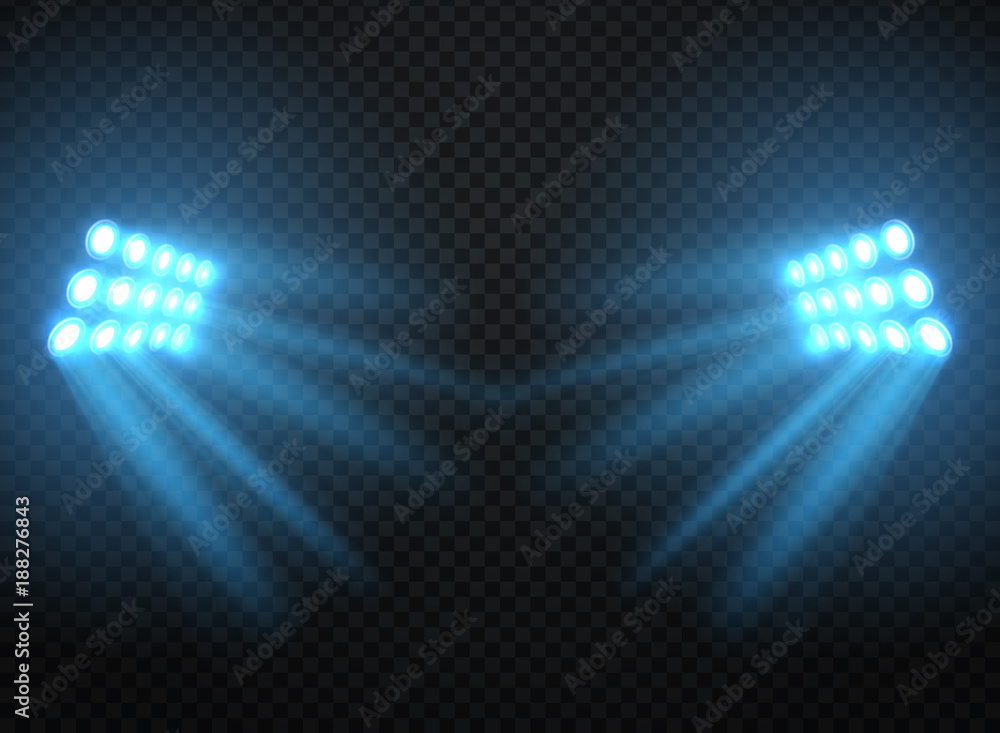 Stadium lights, shiny projectors isolated. Vector spotlight template ...
