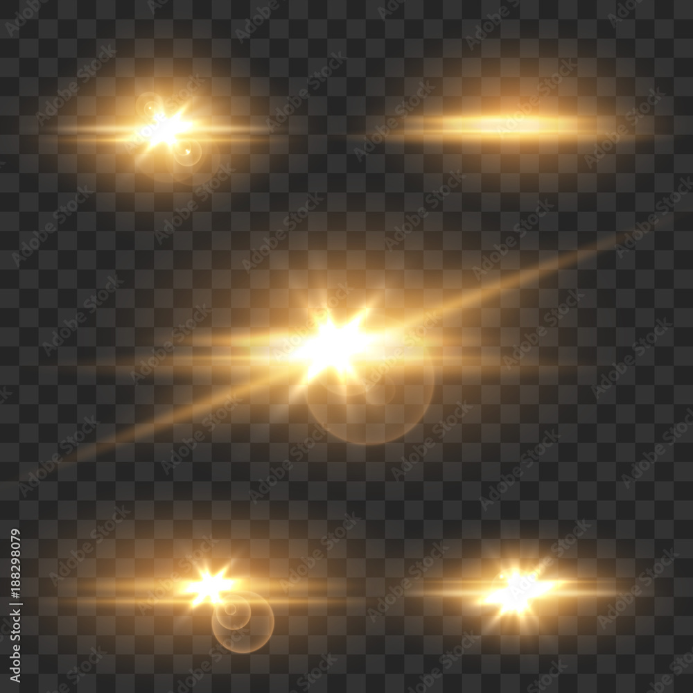 Set yellow glow light lens effect sparkles on transparent background ...