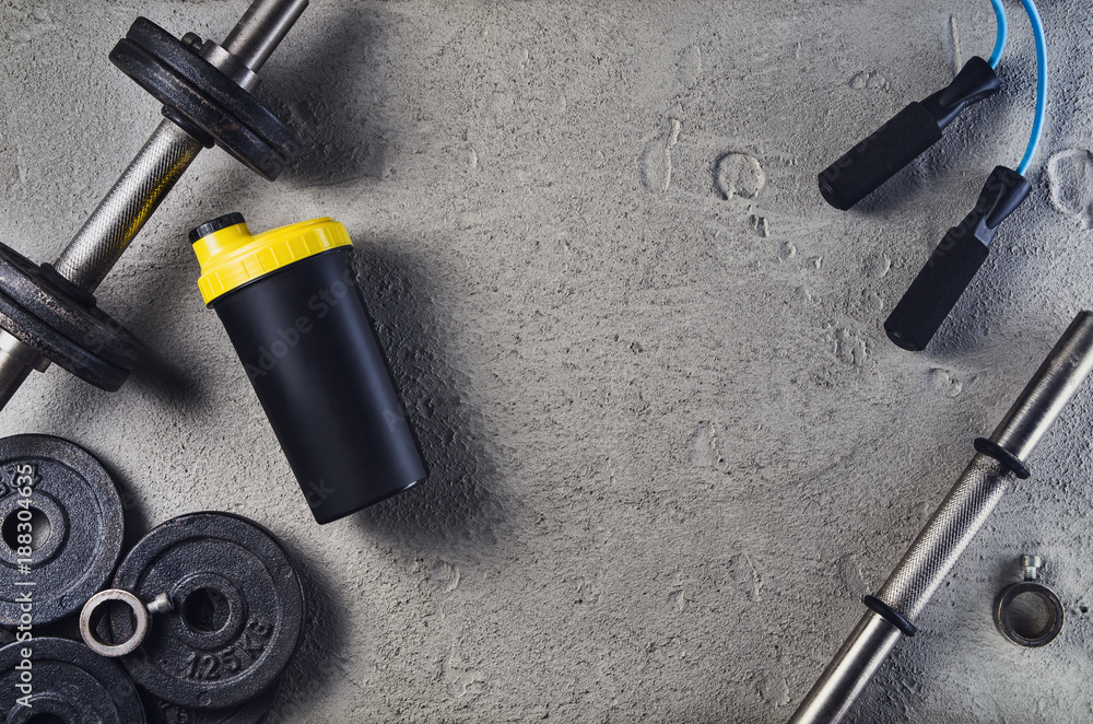 Fitness or bodybuilding concept background. Product photograph of old ...