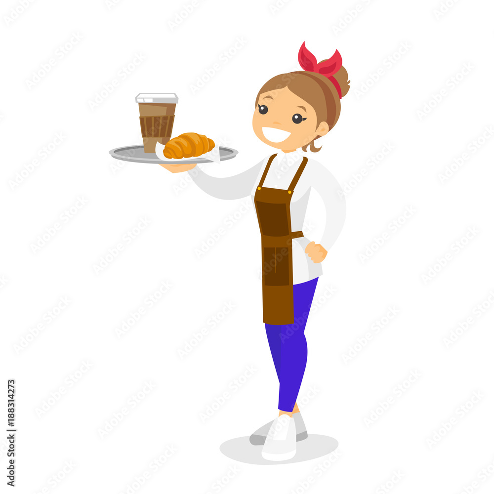 Full length of young smiling caucasian white waitress holding tray with ...