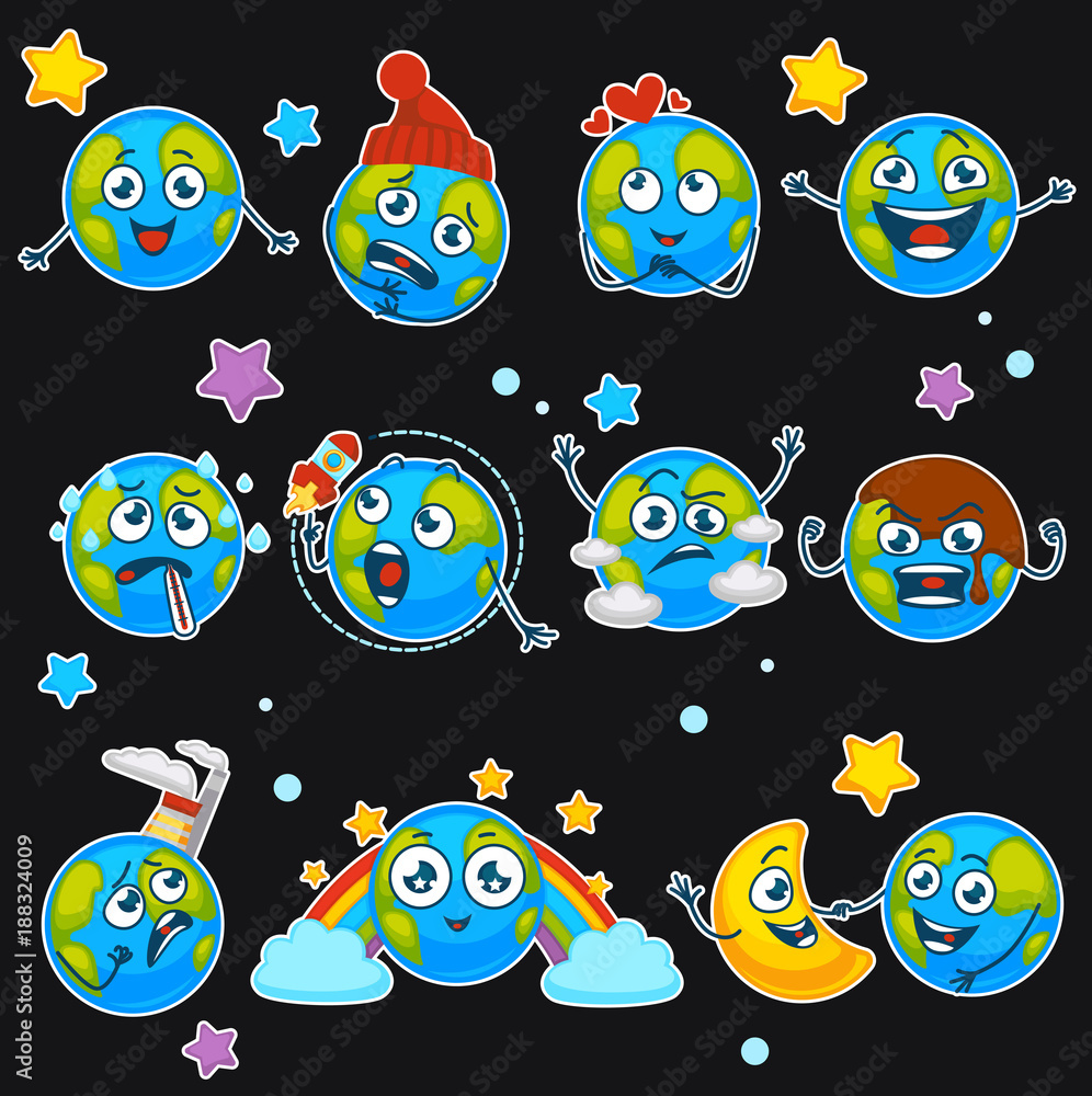 Earth emoji smiles of planet cartoon emoticons with different ...