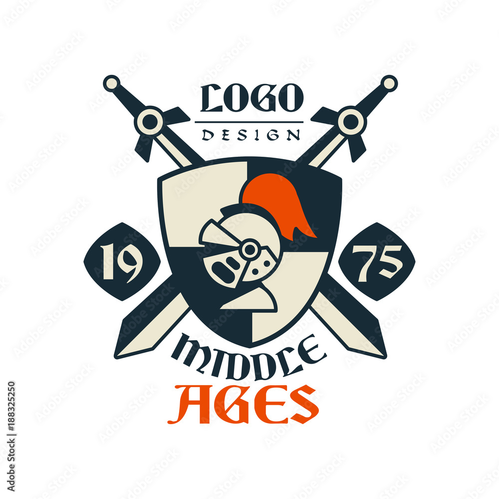 Middle ages logo design, estd 1975, vintage badge or label with shield ...