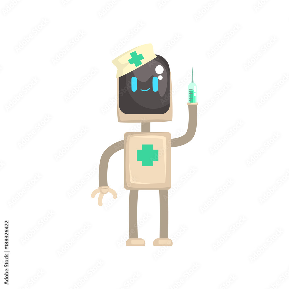 Robot doctor character, android with syringe in its hands cartoon ...