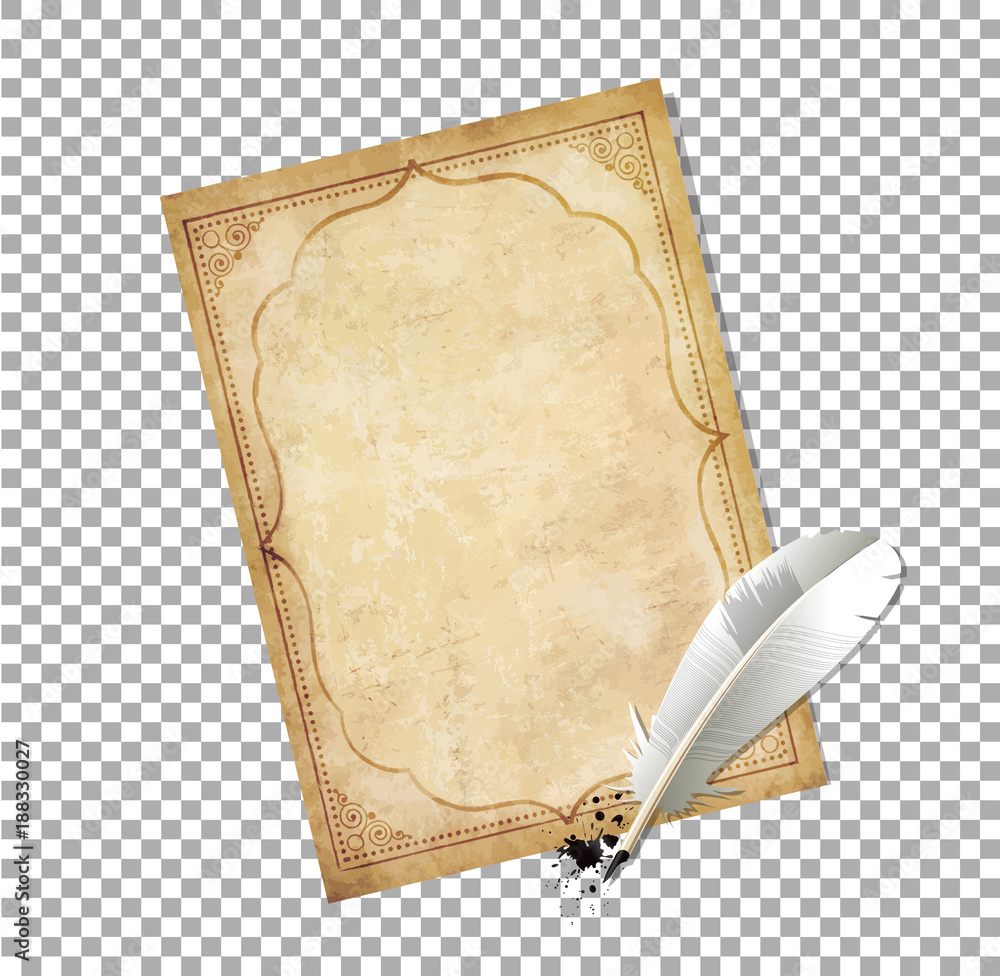 Old fashioned letter paper with feather pen and ink splatter Stock ...