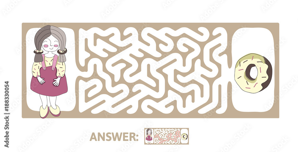 Children's maze with girl and donut. Cute puzzle game for kids, vector ...