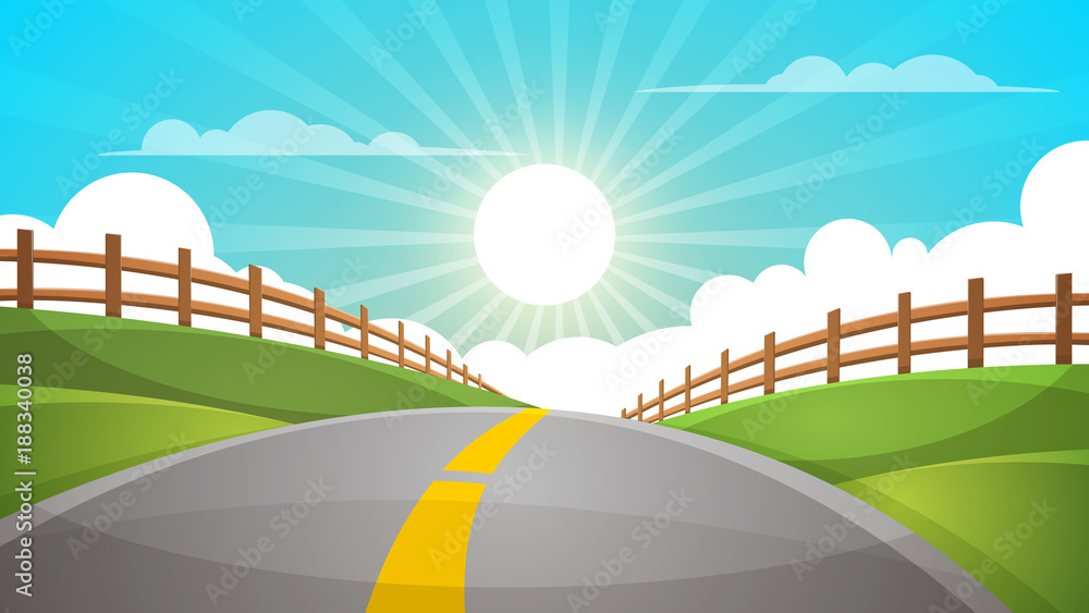 Cartoon hill landscape. Road, travel illustration, fence Vector eps 10 ...
