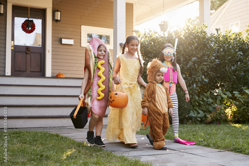 Children Wearing Halloween Costumes For Trick Or Treating Stock Photo ...