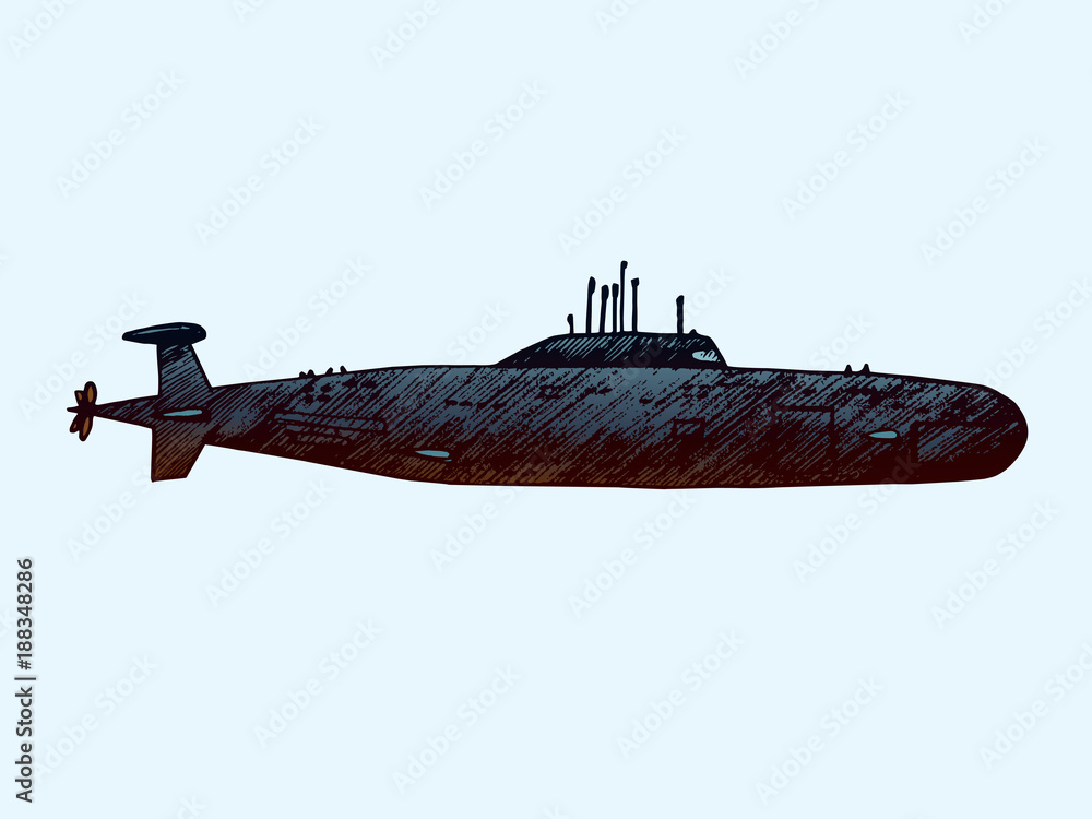 Submarine, hand drawn doodle sketch, isolated vector color illustration ...