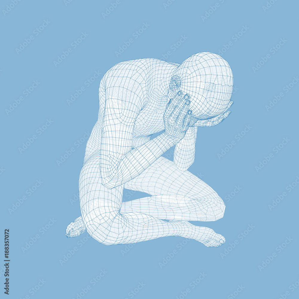 Miserable Depressed Man Sitting and Thinking. Man in a Thinker Pose. 3D ...