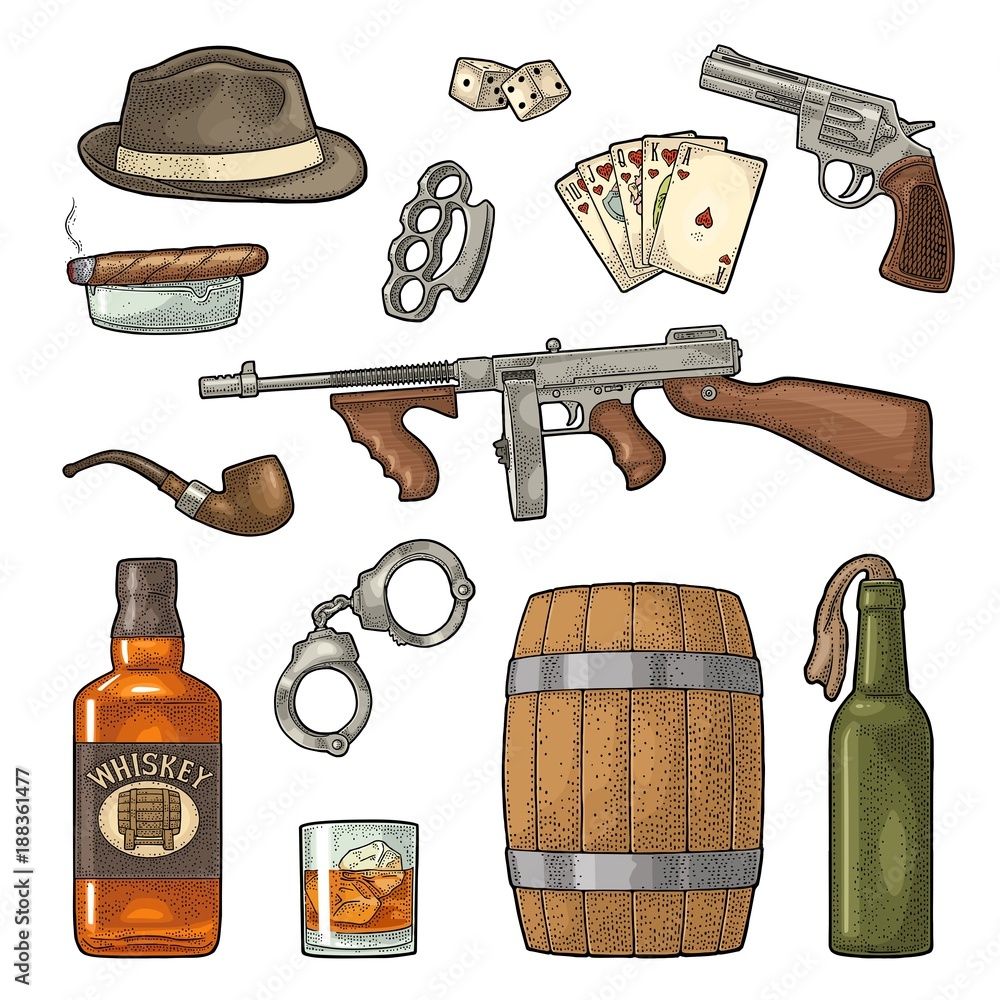 Gangster mafia set. Engraving vintage vector black illustration. Stock ...