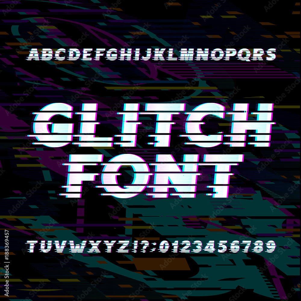 Glitch alphabet font. oblique type letters and numbers on a glitched ...