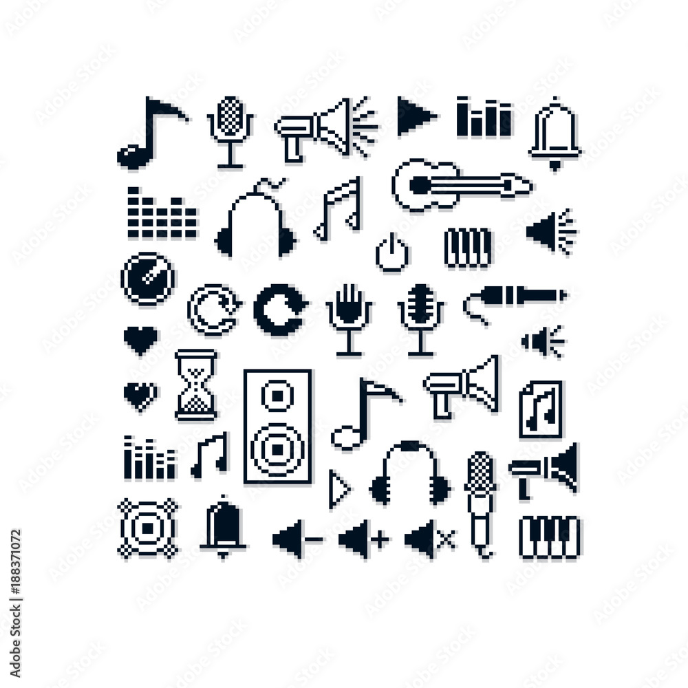 Vector pixel icons isolated, collection of 8bit music graphic elements ...