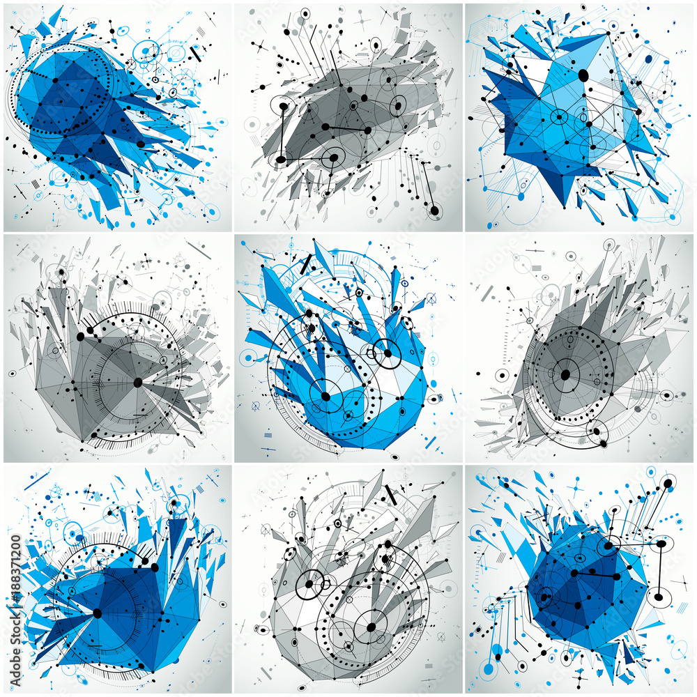 Set of 3d engineering technology vector backdrops made using low poly ...