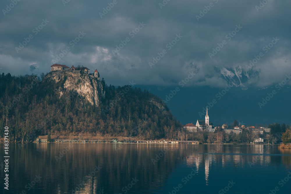 Castle of Bled. Bled castle. Sunset view of lake bled and mountains ...