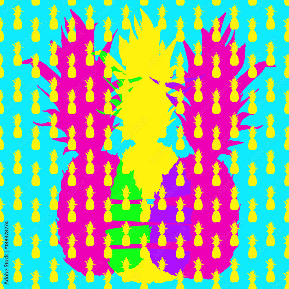 Vector double exposure abstract pineapple fruit. Vivid cmyk colors ...