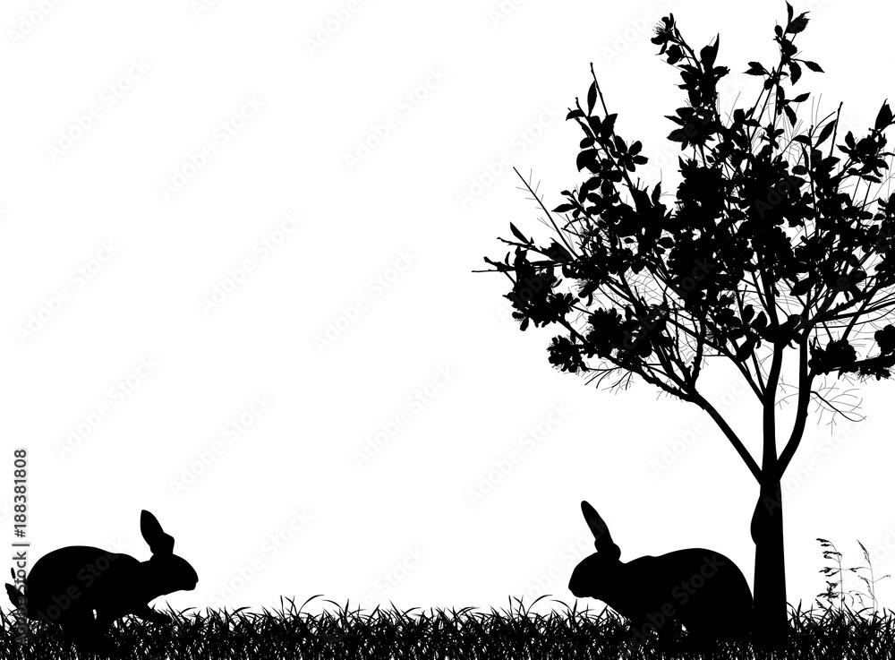 rabbit silhouettes in grass near spring blossoming tree Stock Vector ...
