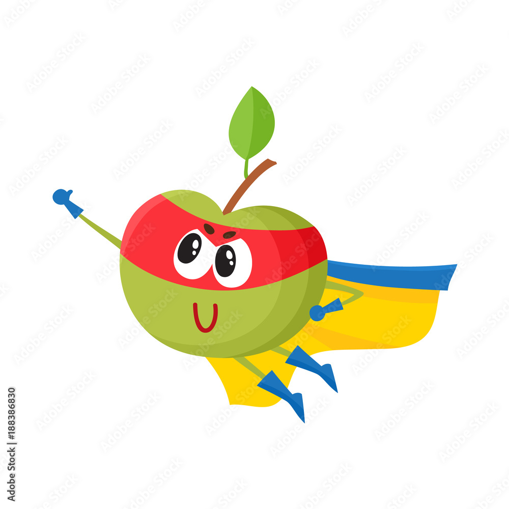 vector flat green apple character in yellow cape, red mask flying like ...