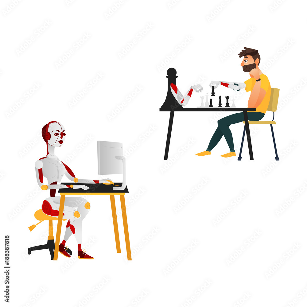 vector cartoon futuristic people robots interactions icons. Female ...