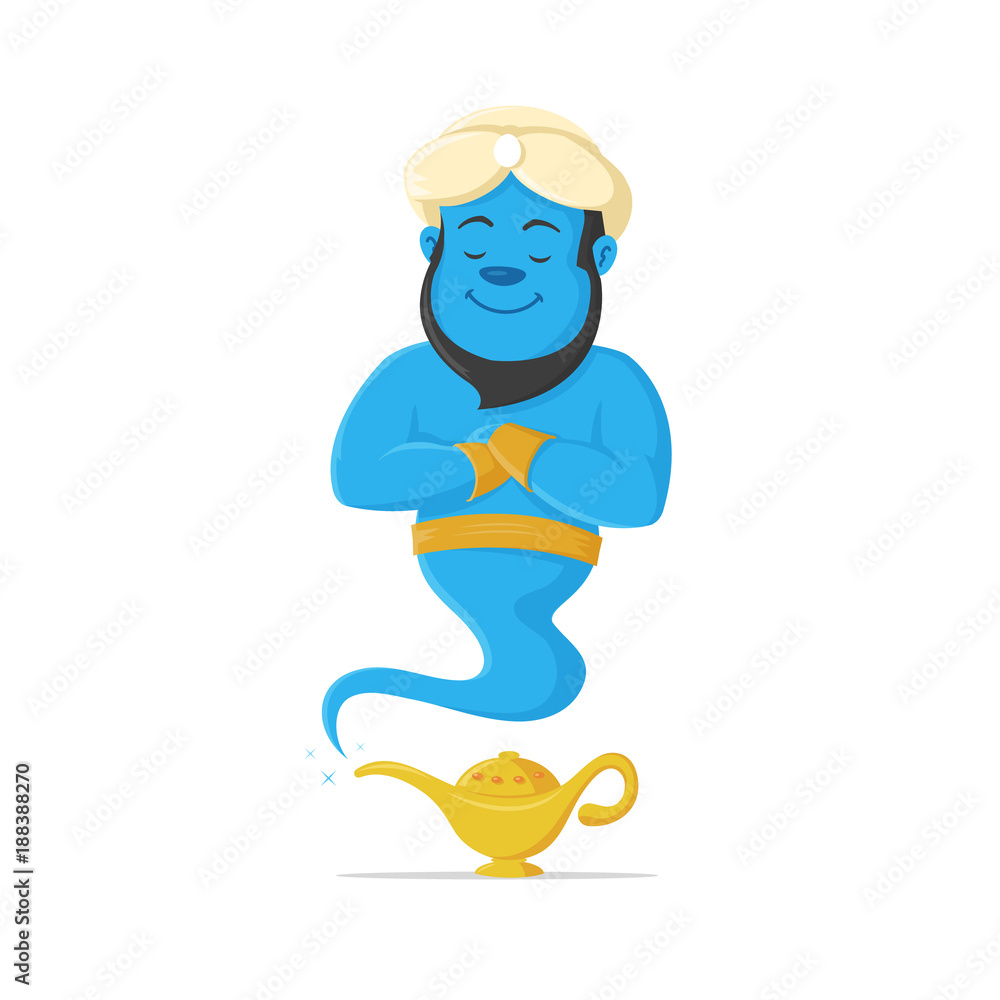 Genie and magic lamp vector cartoon mascot illustration Stock Vector | Adobe Stock