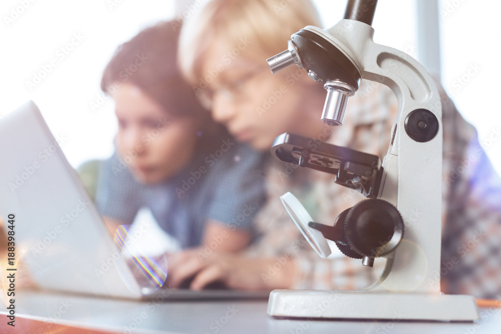 Enlarging things. Focused nice intelligent kid using computer for ...