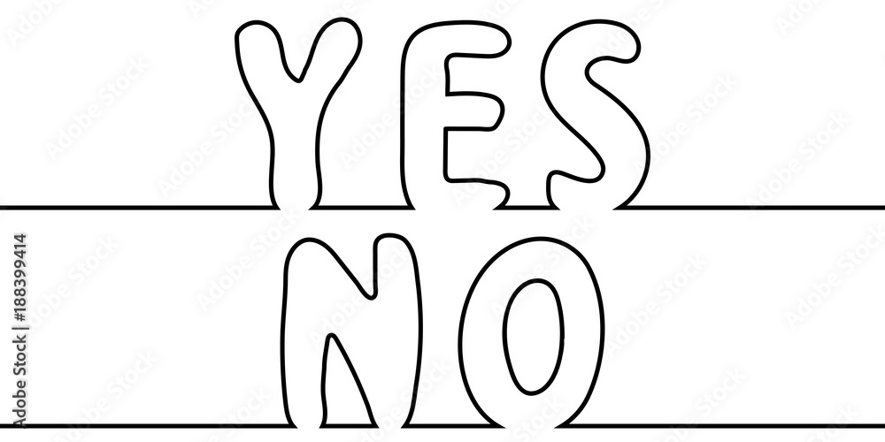 Text word yes to no, one line drawing, vector cartoon letters yes no ...