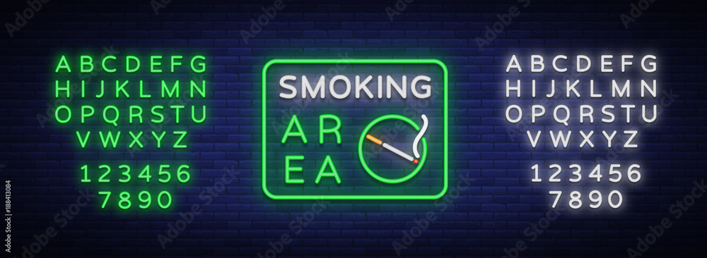 Smoking area is a vector neon sign. Neon symbol, a luminous sign is a ...