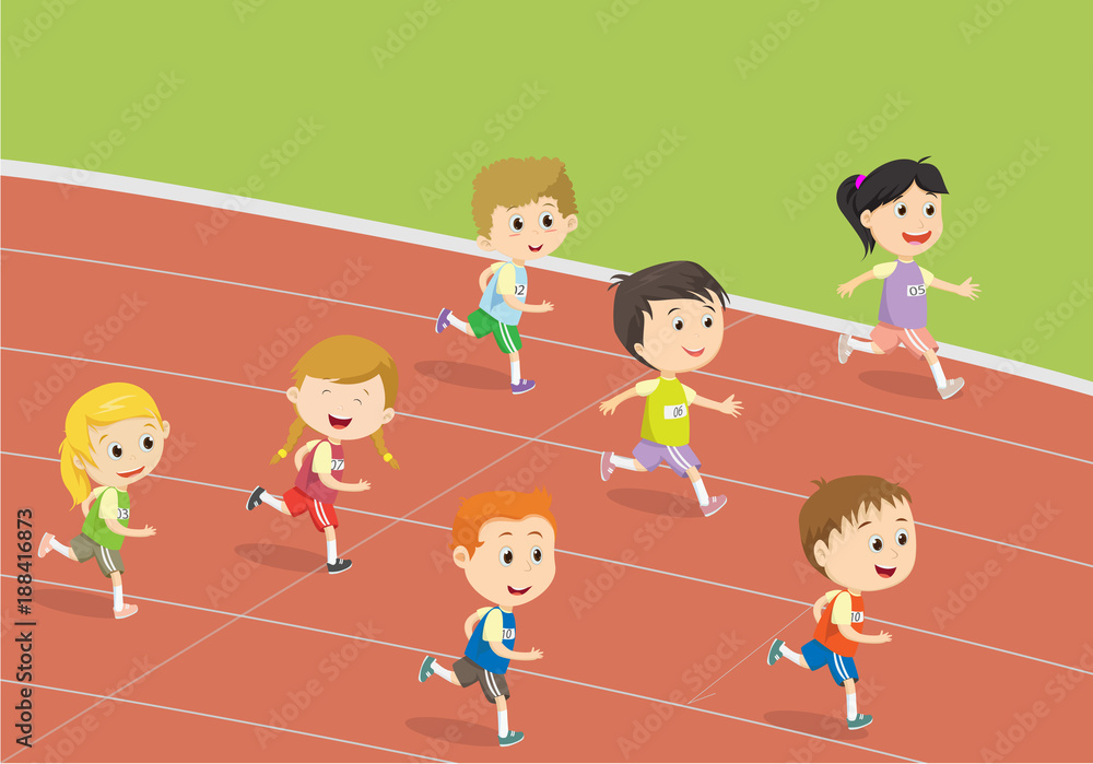 happy kids running on the track of stadium Stock Vector | Adobe Stock