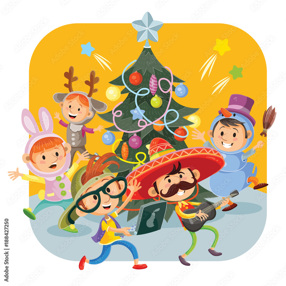 Kids Christmas party with cheerful boys and girls in fancy dresses ...