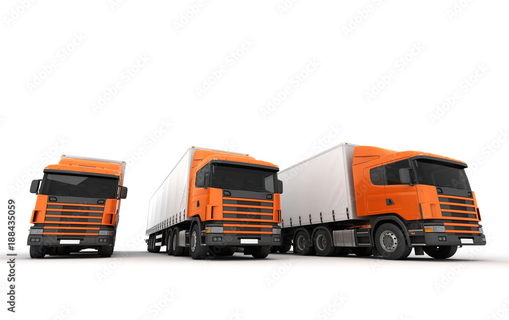 Logistics concept. Group of cargo trucks in row from left to right ...
