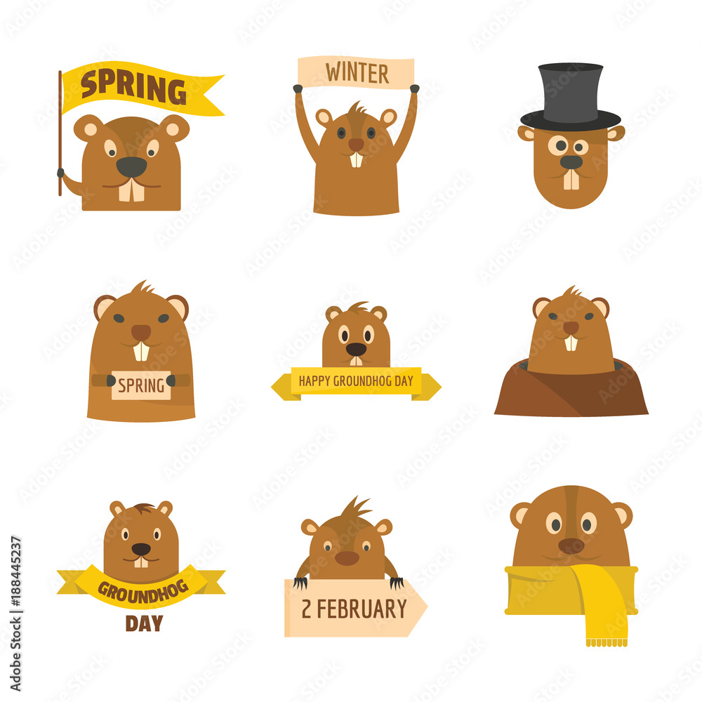 Groundhog day happy logo icons set. Flat illustration of 16 Groundhog ...