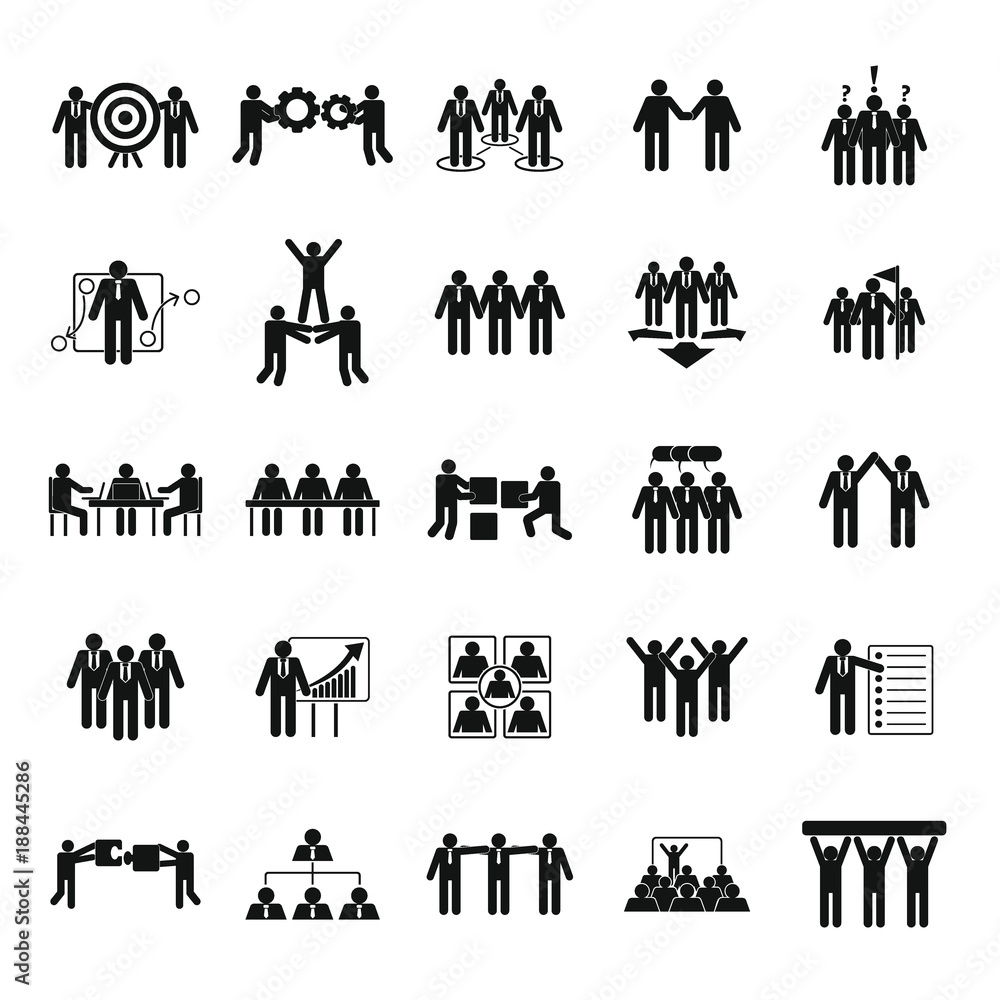 Team building work training icons set. Simple illustration of 25 team ...