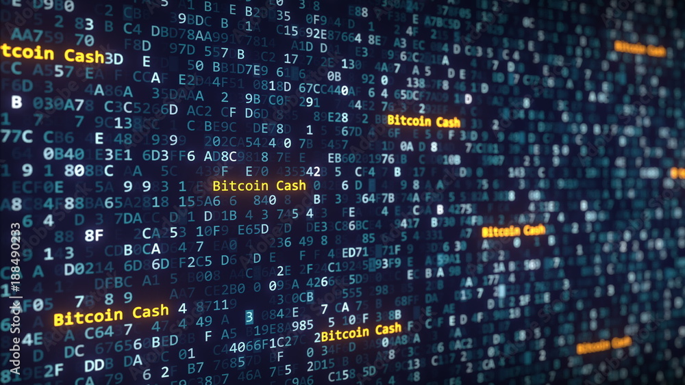 Bitcoin Cash captions appearing among changing hexadecimal symbols on a ...