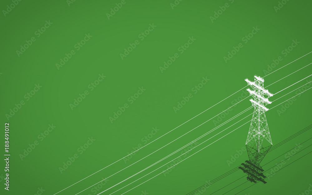 High voltage power transmission tower on green background. 3d rendering ...