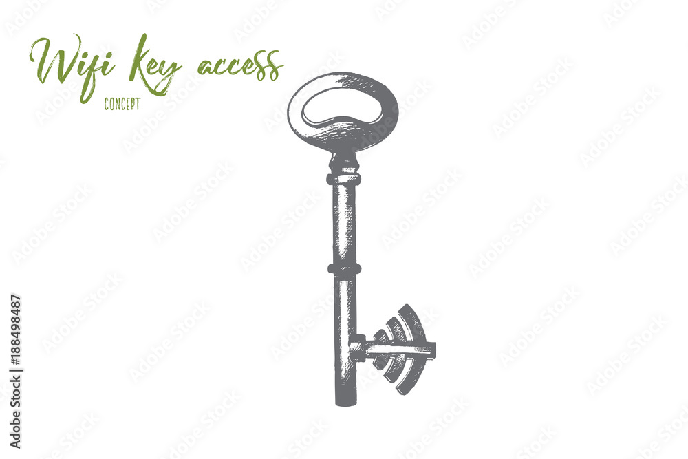 Wi-fi key access concept. Hand drawn key as symbol of password for wi ...