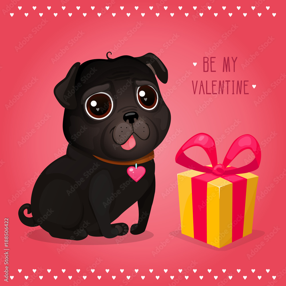 Greeting card for Valentine's Day with a cute black pug and gift ...