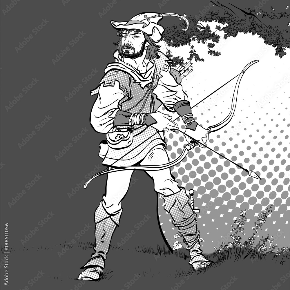 Robin Hood standing with bow and arrows. Robin Hood in ambush. Defender ...