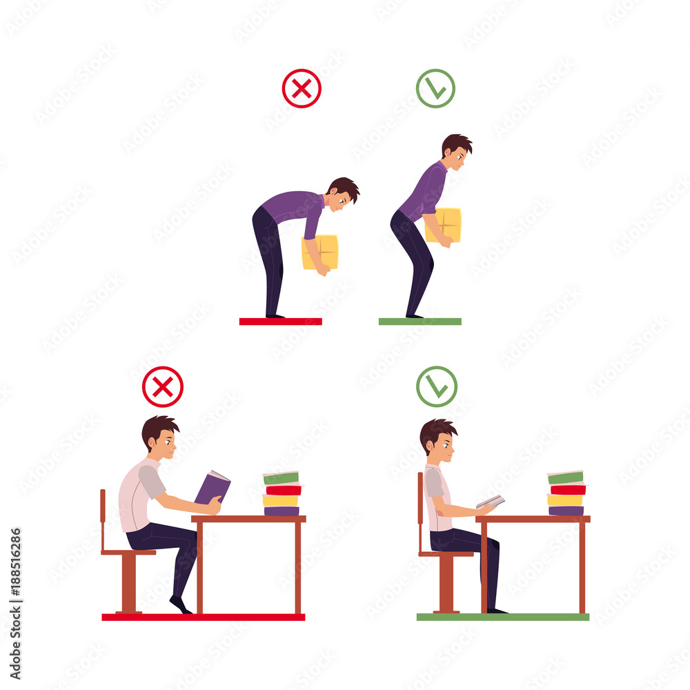 Correct, incorrect neck, spine alignment of young cartoon man character ...