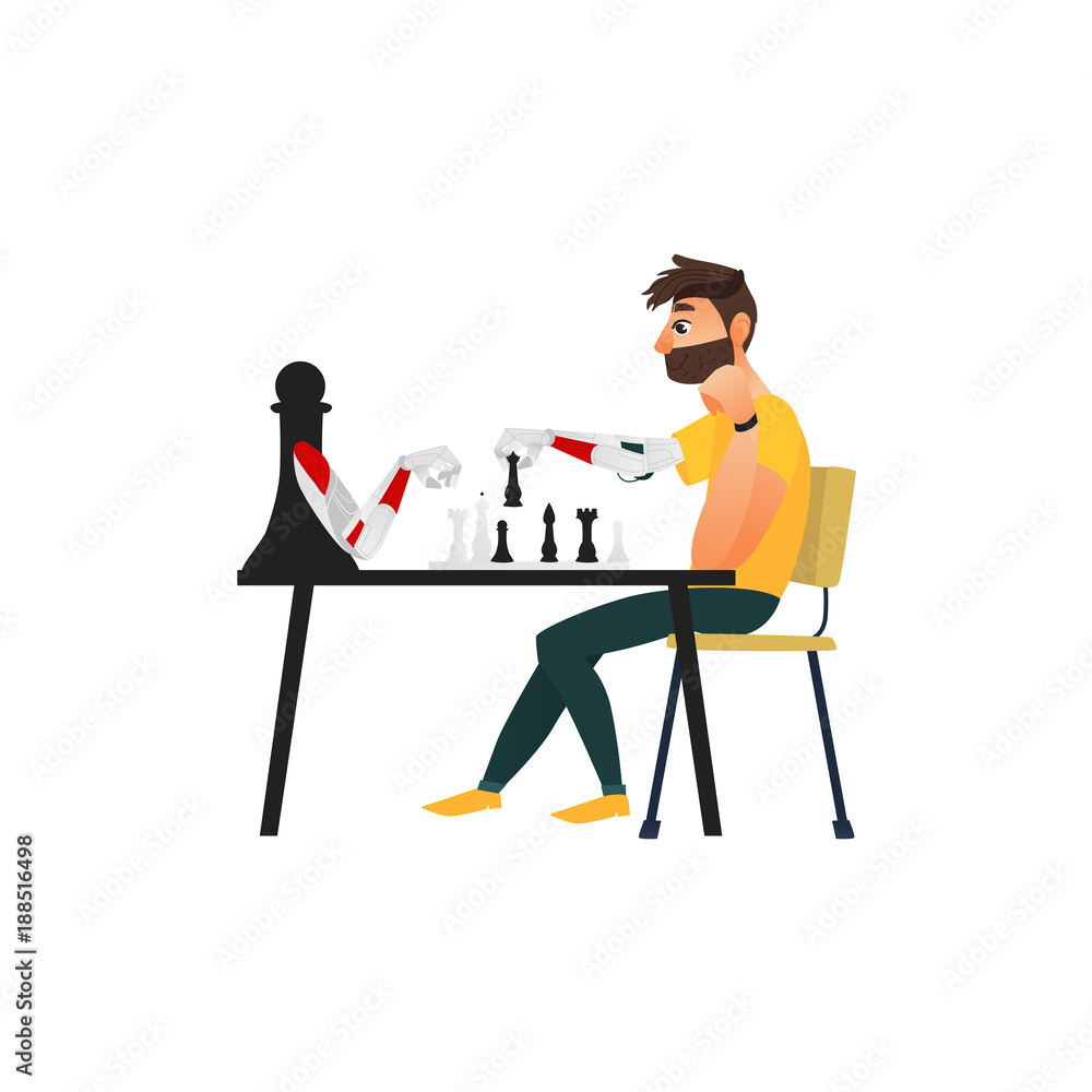 Man playing chess with a robot, side view flat cartoon vector ...