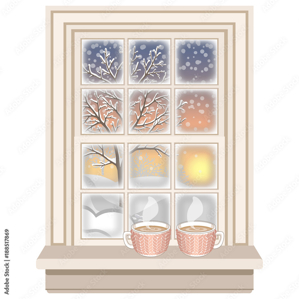 Classic wooden frosted window, view on the snowcovered winter landscape ...
