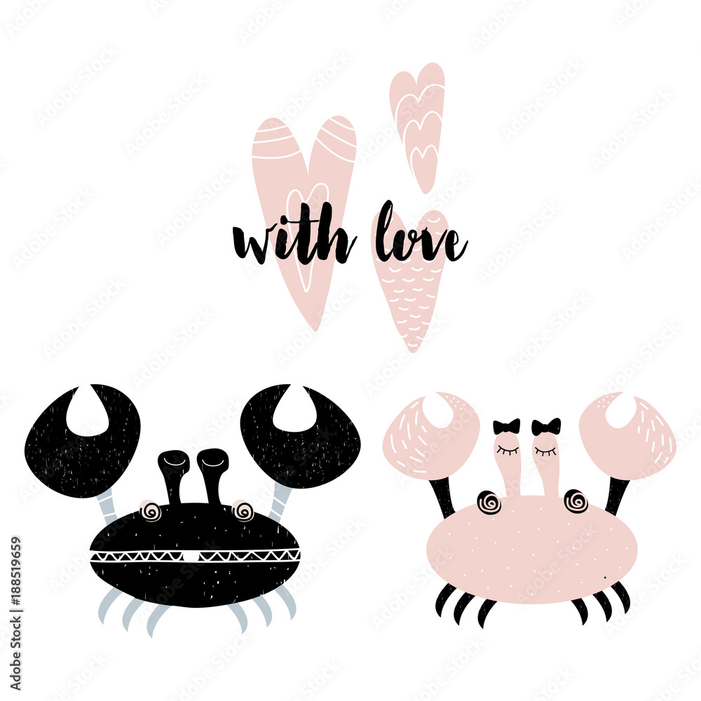 Card with calligraphy lettering with love and couple of cute crabs ...