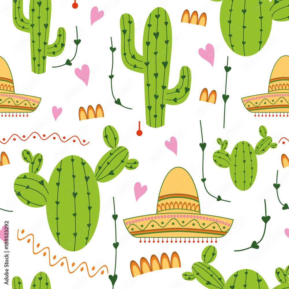 Cute mexican seamless pattern with cactus, sombrero in green, yellow ...