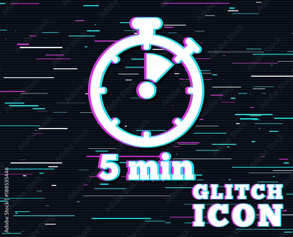 Glitch effect. Timer sign icon. 5 minutes stopwatch symbol. Background ... Glitch effect. Timer sign icon. 5 minutes stopwatch symbol. Background ...